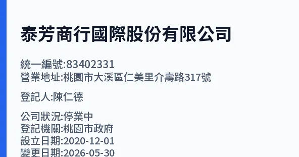 泰芳商行國際股份有限公司的照片-統編 83402331(桃園市) 公司登記資料與營業項目詳細圖表