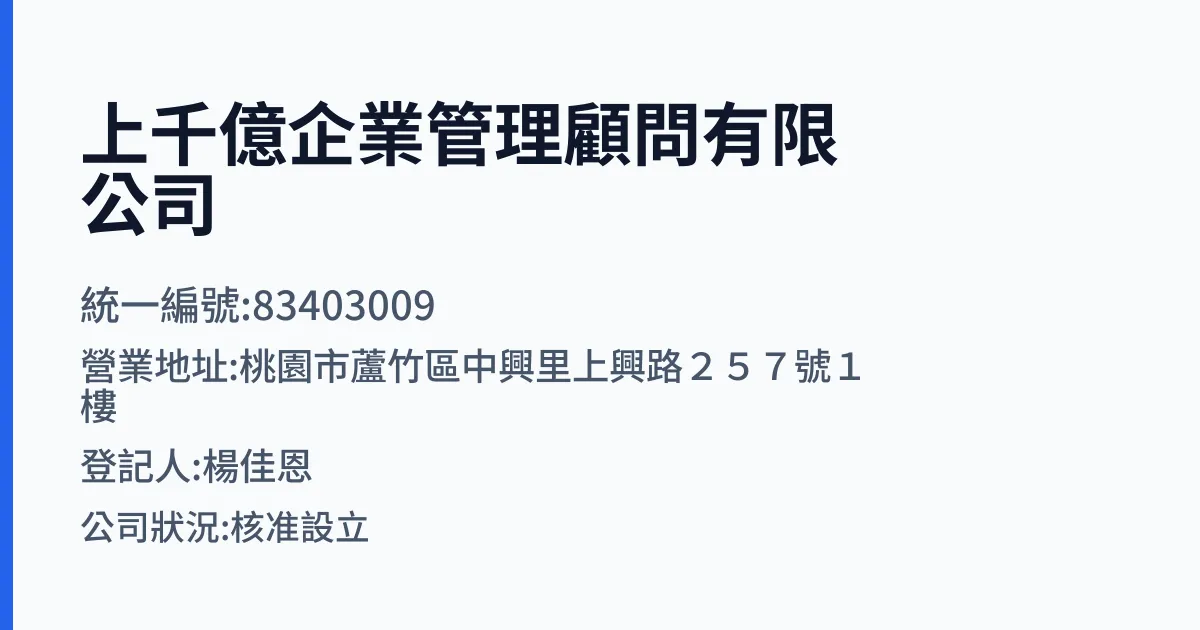 上千億企業管理顧問有限公司 - 統編 83403009(桃園市) 公司登記資料與營業項目詳細圖表