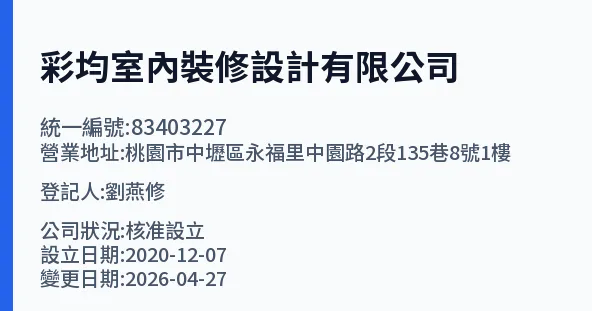 彩均室內裝修設計有限公司的照片-統編 83403227(桃園市) 公司登記資料與營業項目詳細圖表