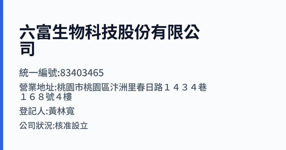 六富生物科技股份有限公司 - 統編 83403465(桃園市) 公司登記資料與營業項目詳細圖表