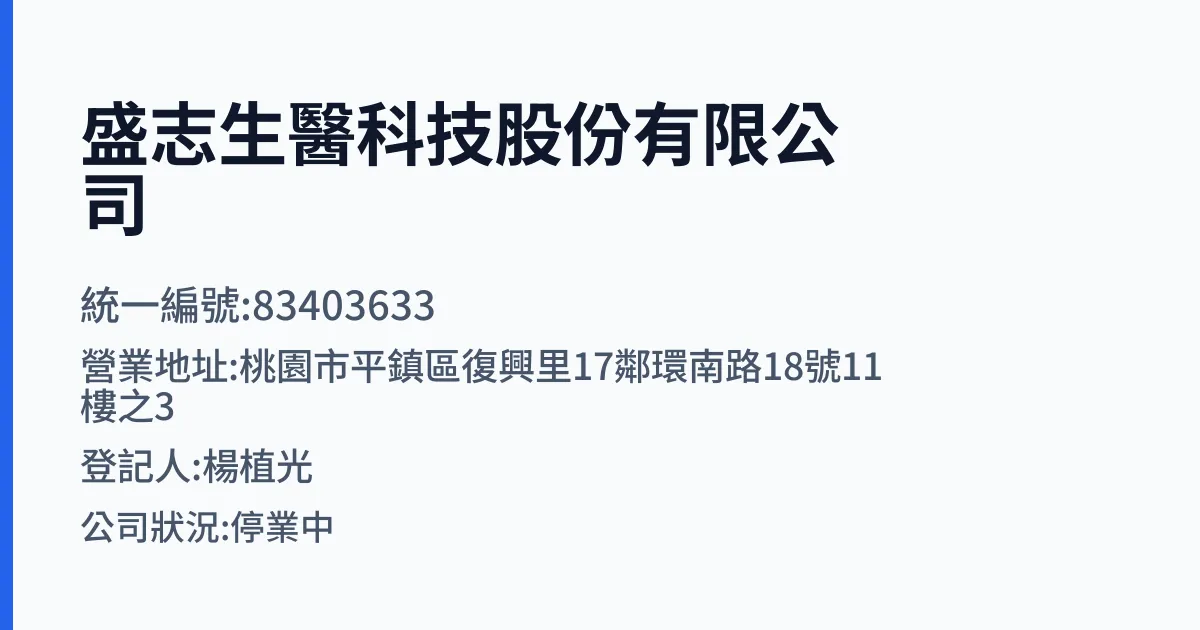 盛志生醫科技股份有限公司 - 統編 83403633(桃園市) 公司登記資料與營業項目詳細圖表