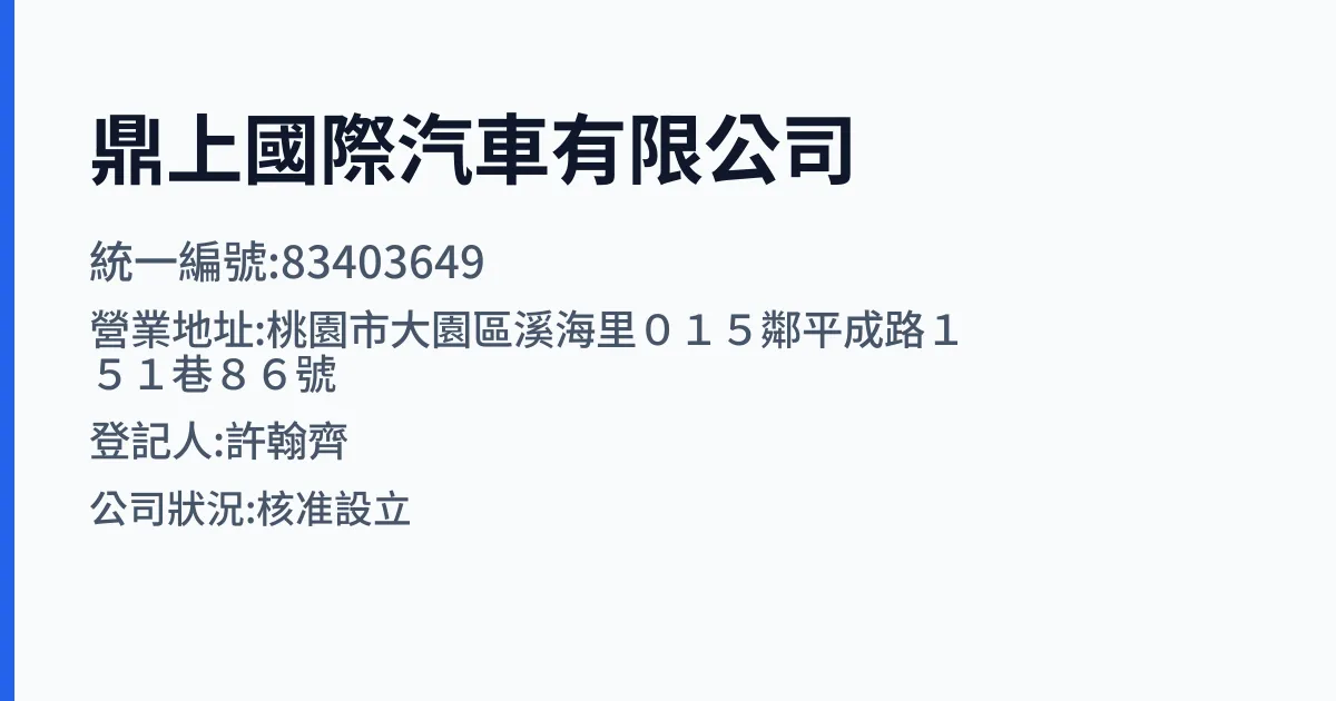 鼎上國際汽車有限公司 - 統編 83403649(桃園市) 公司登記資料與營業項目詳細圖表