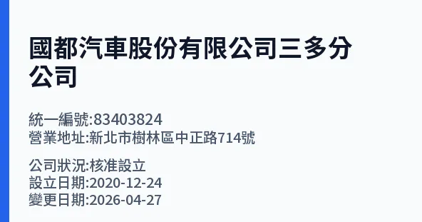 國都汽車股份有限公司三多分公司的照片-統編 83403824(新北市) 公司登記資料與營業項目詳細圖表