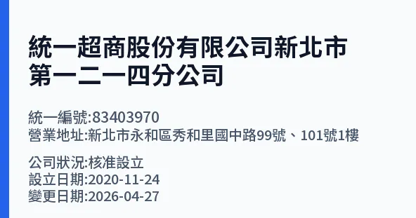 統一超商股份有限公司新北市第一二一四分公司的照片-統編 83403970(新北市) 公司登記資料與營業項目詳細圖表