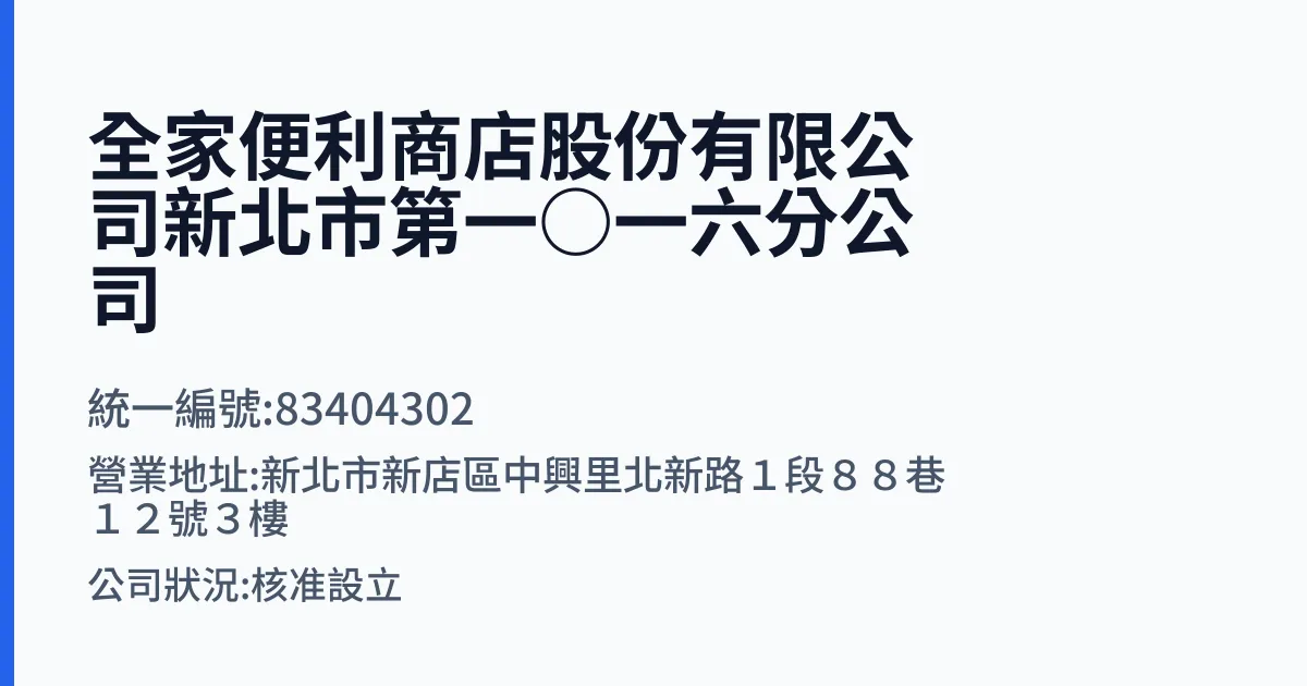 全家便利商店股份有限公司新北市第一○一六分公司 - 統編 83404302(新北市) 公司登記資料與營業項目詳細圖表