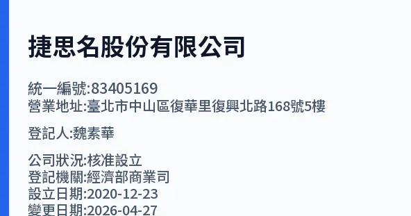 捷思名股份有限公司的照片-統編 83405169(臺北市) 公司登記資料與營業項目詳細圖表