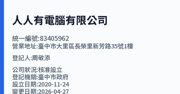 人人有電腦有限公司的照片-統編 83405962(臺中市) 公司登記資料與營業項目詳細圖表