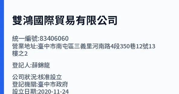 雙鴻國際貿易有限公司的照片-統編 83406060(臺中市) 公司登記資料與營業項目詳細圖表