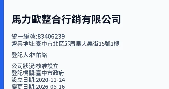 馬力歐整合行銷有限公司的照片-統編 83406239(臺中市) 公司登記資料與營業項目詳細圖表