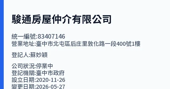 駿通房屋仲介有限公司的照片-統編 83407146(臺中市) 公司登記資料與營業項目詳細圖表