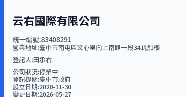 云右國際有限公司的照片-統編 83408291(臺中市) 公司登記資料與營業項目詳細圖表