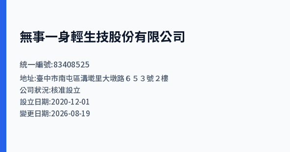 無事一身輕生技股份有限公司的照片-統編 83408525 公司登記資料與營業項目詳細圖表