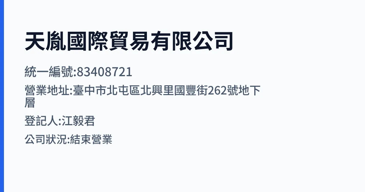 天胤國際貿易有限公司 - 統編 83408721(臺中市) 公司登記資料與營業項目詳細圖表