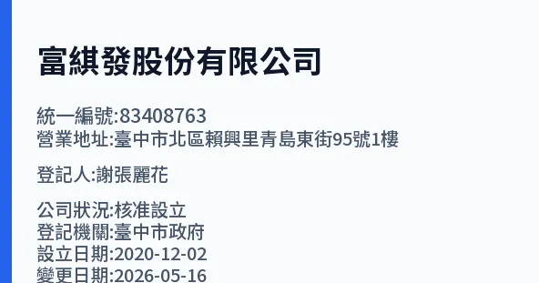 富綨發股份有限公司的照片-統編 83408763(臺中市) 公司登記資料與營業項目詳細圖表
