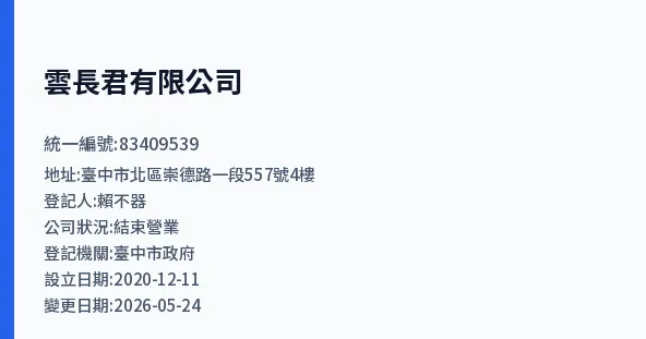 雲長君有限公司的照片-統編 83409539(臺中市) 公司登記資料與營業項目詳細圖表