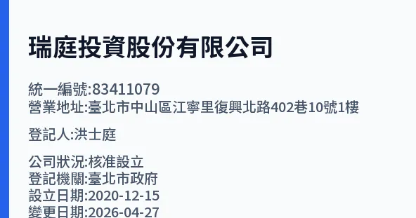 瑞庭投資股份有限公司的照片-統編 83411079(臺北市) 公司登記資料與營業項目詳細圖表