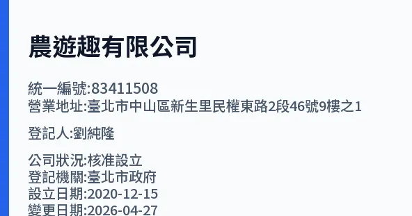 農遊趣有限公司的照片-統編 83411508(臺北市) 公司登記資料與營業項目詳細圖表