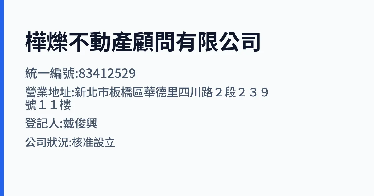 樺爍不動產顧問有限公司 - 統編 83412529(新北市) 公司登記資料與營業項目詳細圖表