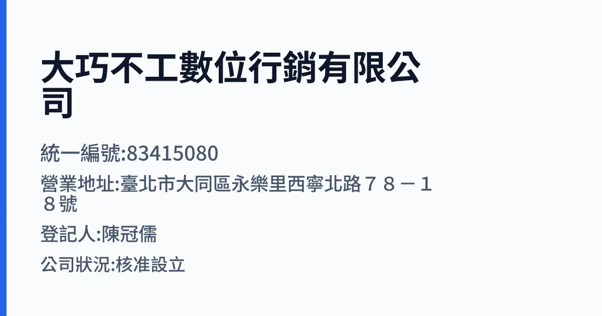 大巧不工數位行銷有限公司 - 統編 83415080(新北市) 公司登記資料與營業項目詳細圖表