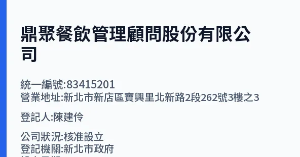 鼎聚餐飲管理顧問股份有限公司的照片-統編 83415201(新北市) 公司登記資料與營業項目詳細圖表