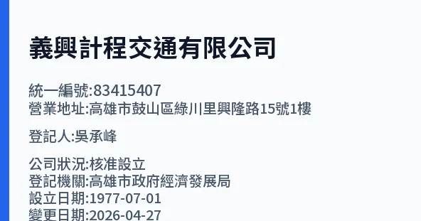 義興計程交通有限公司的照片-統編 83415407(高雄市) 公司登記資料與營業項目詳細圖表