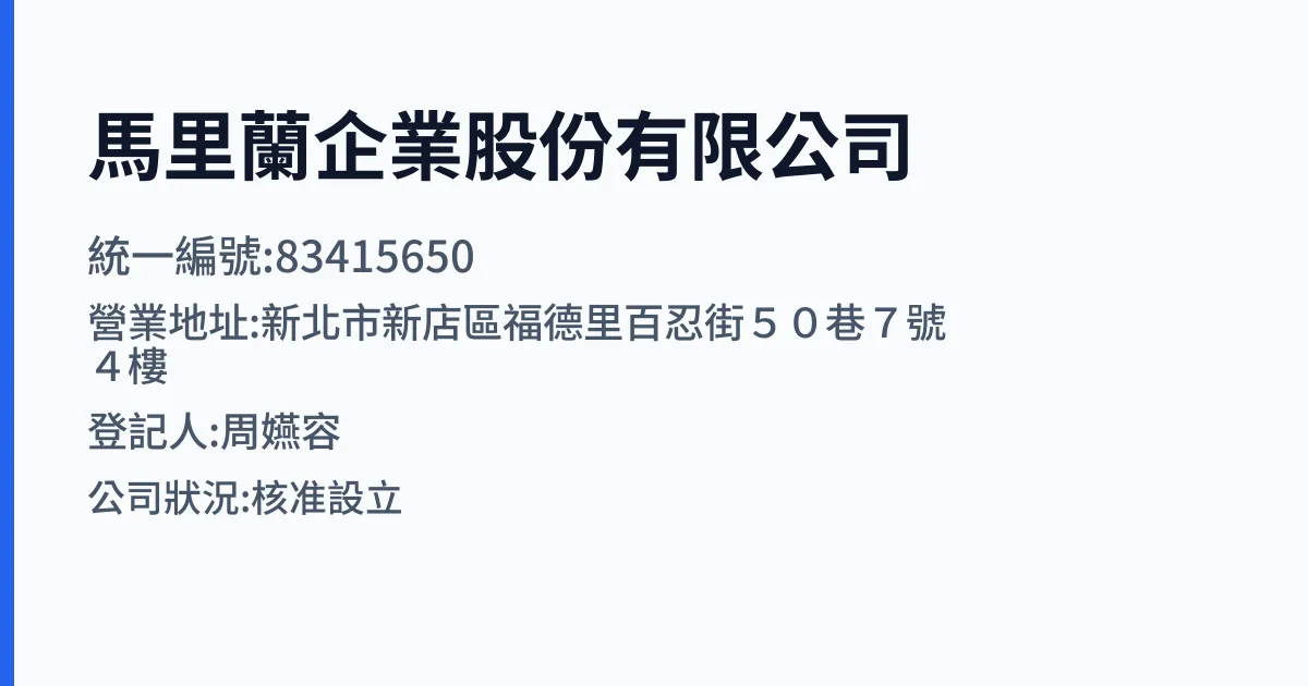 馬里蘭企業股份有限公司 - 統編 83415650(新北市) 公司登記資料與營業項目詳細圖表