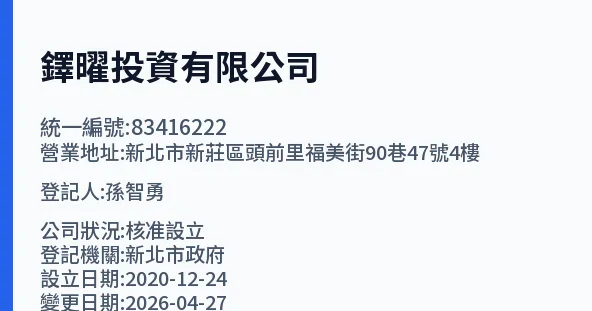 鐸曜投資有限公司的照片-統編 83416222(新北市) 公司登記資料與營業項目詳細圖表