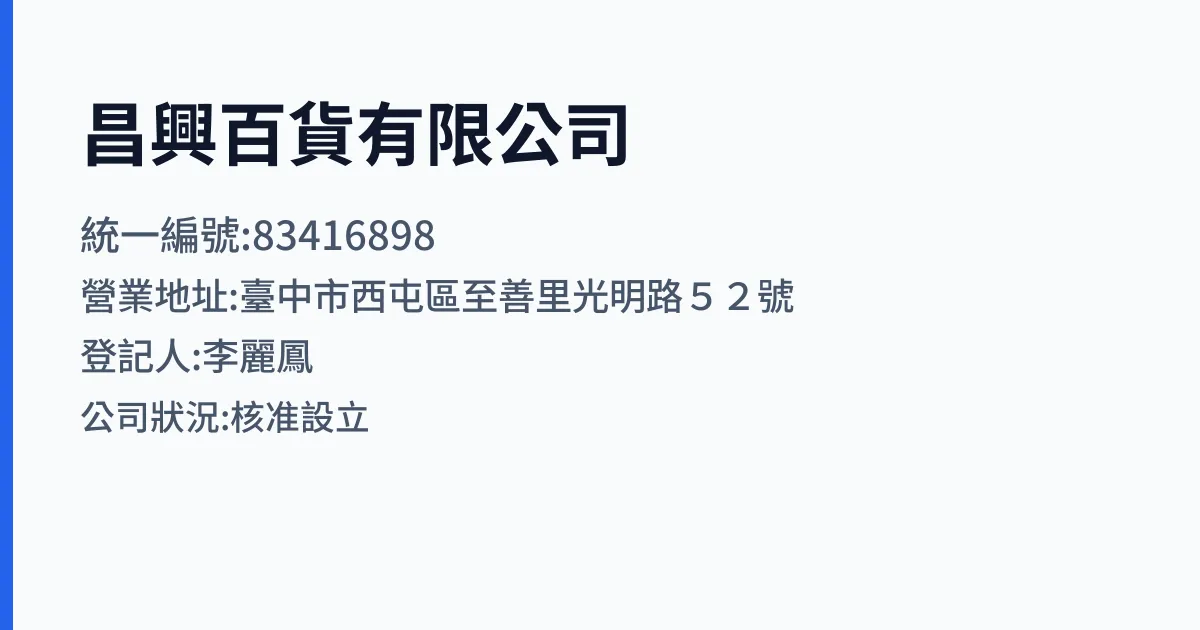 昌興百貨有限公司 - 統編 83416898(臺中市) 公司登記資料與營業項目詳細圖表