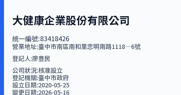 大健康企業股份有限公司的照片-統編 83418426(臺中市) 公司登記資料與營業項目詳細圖表