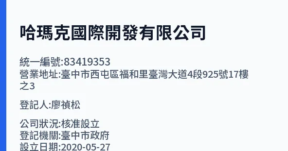 哈瑪克國際開發有限公司的照片-統編 83419353(臺中市) 公司登記資料與營業項目詳細圖表