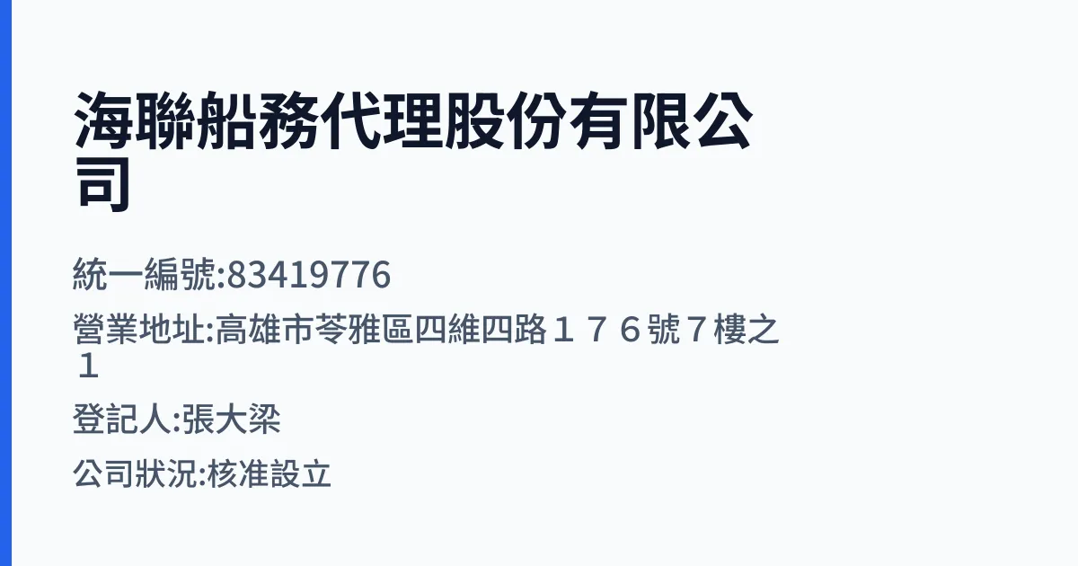 海聯船務代理股份有限公司 - 統編 83419776(高雄市) 公司登記資料與營業項目詳細圖表