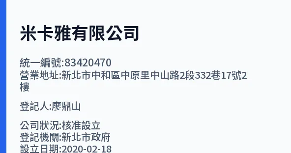 米卡雅有限公司的照片-統編 83420470(新北市) 公司登記資料與營業項目詳細圖表