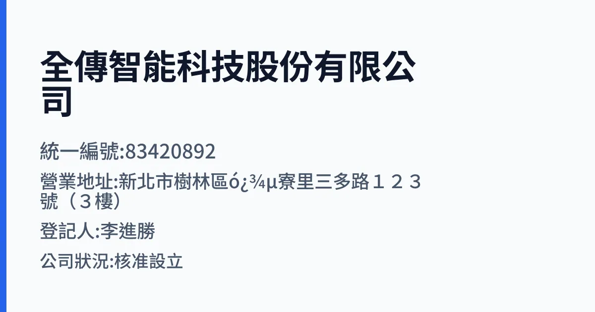 全傳智能科技股份有限公司 - 統編 83420892(新北市) 公司登記資料與營業項目詳細圖表