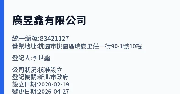 廣昱鑫有限公司的照片-統編 83421127(桃園市) 公司登記資料與營業項目詳細圖表