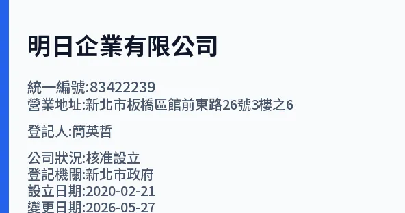 明日企業有限公司的照片-統編 83422239(新北市) 公司登記資料與營業項目詳細圖表