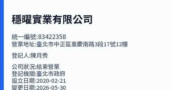 穩曜實業有限公司的照片-統編 83422358(臺北市) 公司登記資料與營業項目詳細圖表