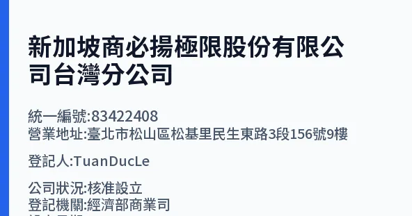 新加坡商必揚極限股份有限公司台灣分公司的照片-統編 83422408(臺北市) 公司登記資料與營業項目詳細圖表