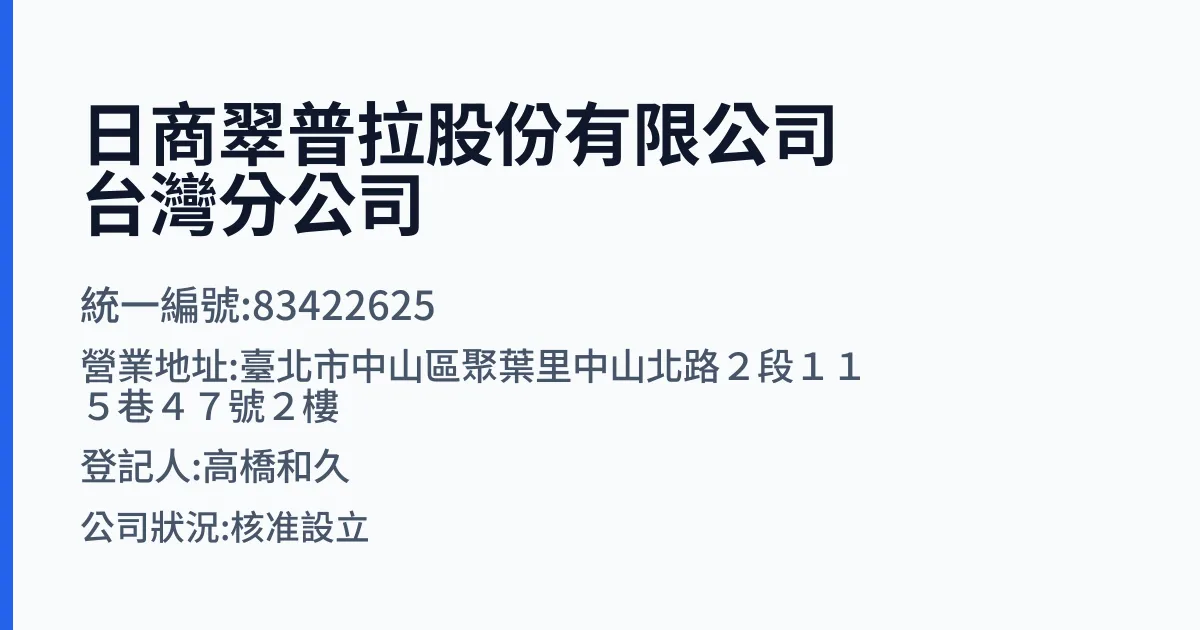 日商翠普拉股份有限公司台灣分公司 - 統編 83422625(臺北市) 公司登記資料與營業項目詳細圖表