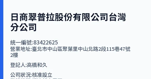 日商翠普拉股份有限公司台灣分公司的照片-統編 83422625(臺北市) 公司登記資料與營業項目詳細圖表