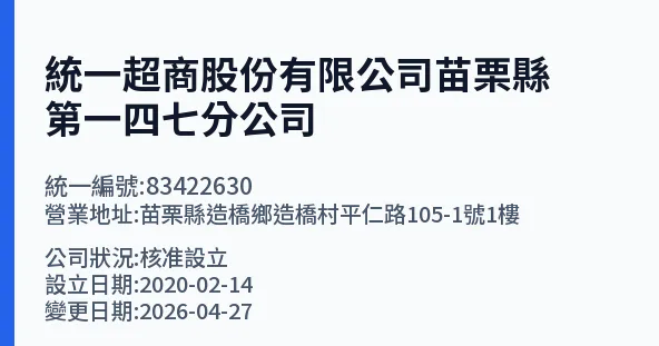 統一超商股份有限公司苗栗縣第一四七分公司的照片-統編 83422630(苗栗縣) 公司登記資料與營業項目詳細圖表