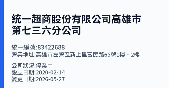 統一超商股份有限公司高雄市第七三六分公司的照片-統編 83422688(高雄市) 公司登記資料與營業項目詳細圖表