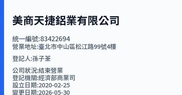 美商天捷鋁業有限公司的照片-統編 83422694(臺北市) 公司登記資料與營業項目詳細圖表
