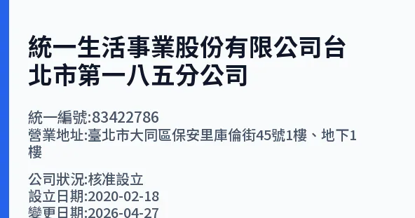 統一生活事業股份有限公司台北市第一八五分公司的照片-統編 83422786(臺北市) 公司登記資料與營業項目詳細圖表