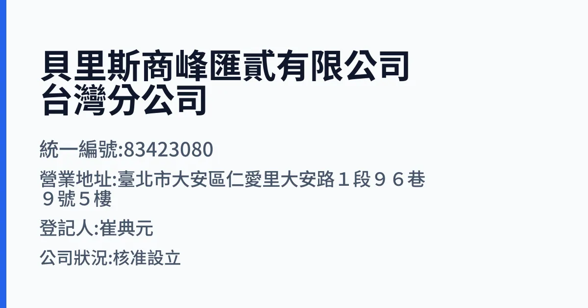 貝里斯商峰匯貳有限公司台灣分公司 - 統編 83423080(臺北市) 公司登記資料與營業項目詳細圖表