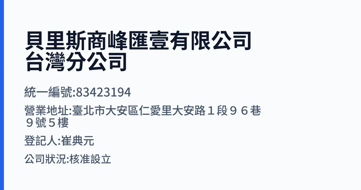 貝里斯商峰匯壹有限公司台灣分公司 - 統編 83423194(臺北市) 公司登記資料與營業項目詳細圖表