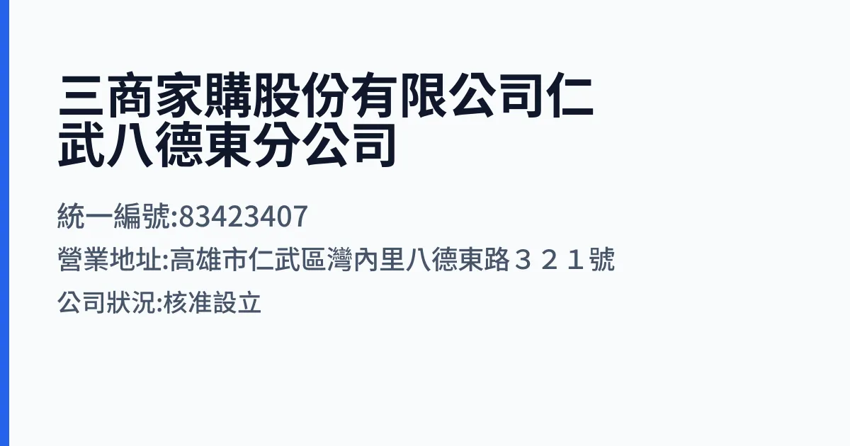 三商家購股份有限公司仁武八德東分公司 - 統編 83423407(高雄市) 公司登記資料與營業項目詳細圖表