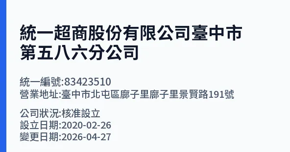 統一超商股份有限公司臺中市第五八六分公司的照片-統編 83423510(臺中市) 公司登記資料與營業項目詳細圖表