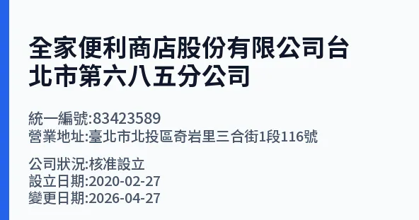 全家便利商店股份有限公司台北市第六八五分公司的照片-統編 83423589(臺北市) 公司登記資料與營業項目詳細圖表