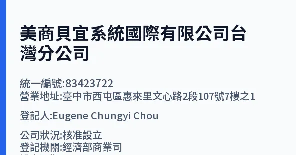 美商貝宜系統國際有限公司台灣分公司的照片-統編 83423722(臺中市) 公司登記資料與營業項目詳細圖表