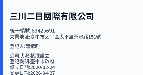 三川二目國際有限公司的照片-統編 83425691(臺中市) 公司登記資料與營業項目詳細圖表